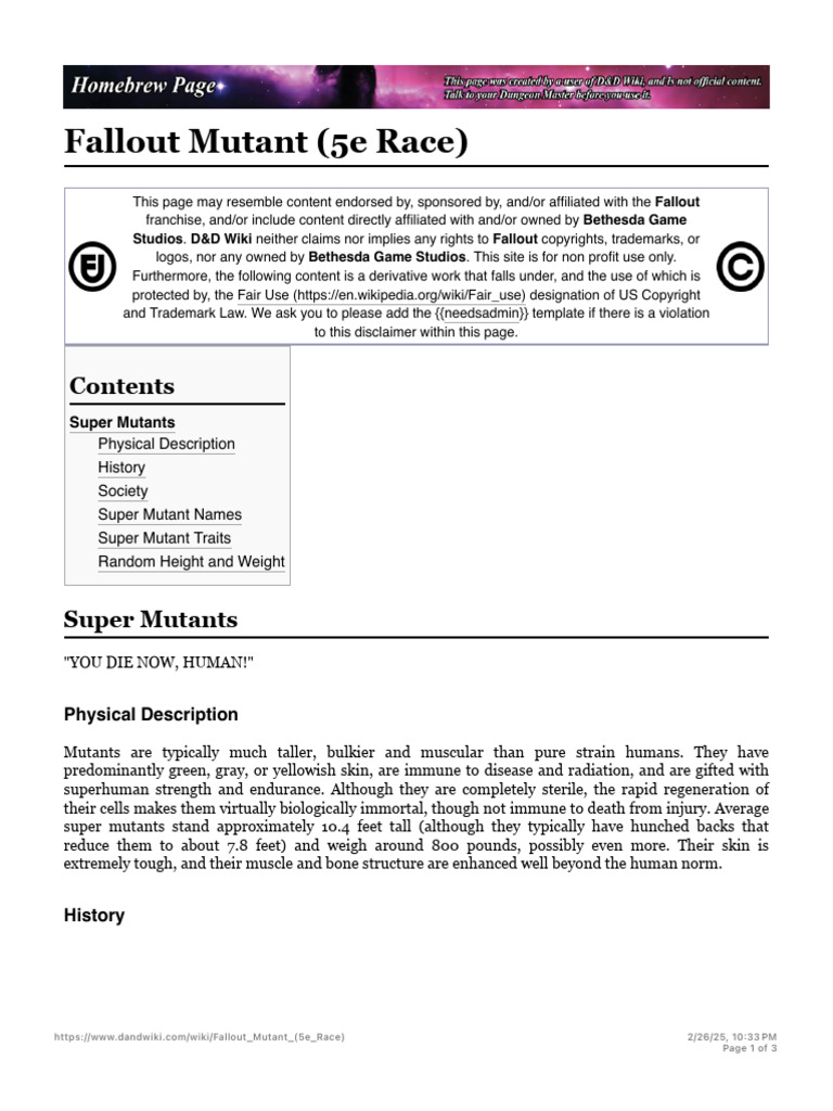 Fallout 5e Super Mutant Race Guide | PDF