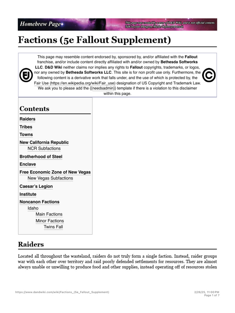 Factions (5e Fallout Supplement) - D&D | PDF