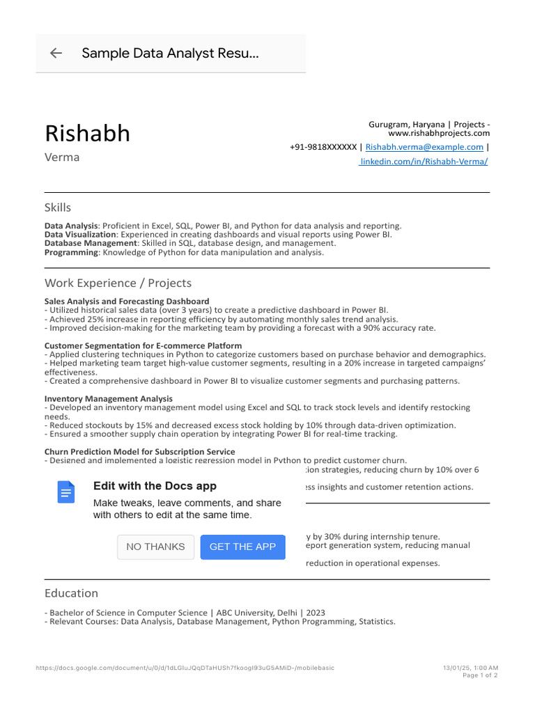 Data Analyst Resume: Rishabh Verma | PDF | Data Analysis | Market Segmentation