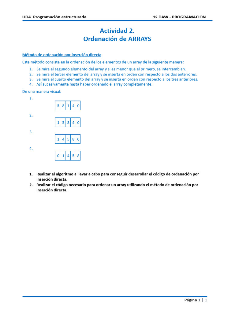 Actividad 2. Ordenación de arrays | PDF Actividad 2. Ordenación de arrays | PDF