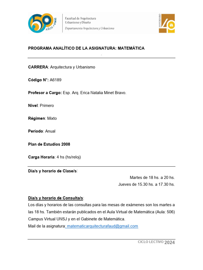 Programa Matemática 2024 - Arquitectura | PDF | Derivado | Integral