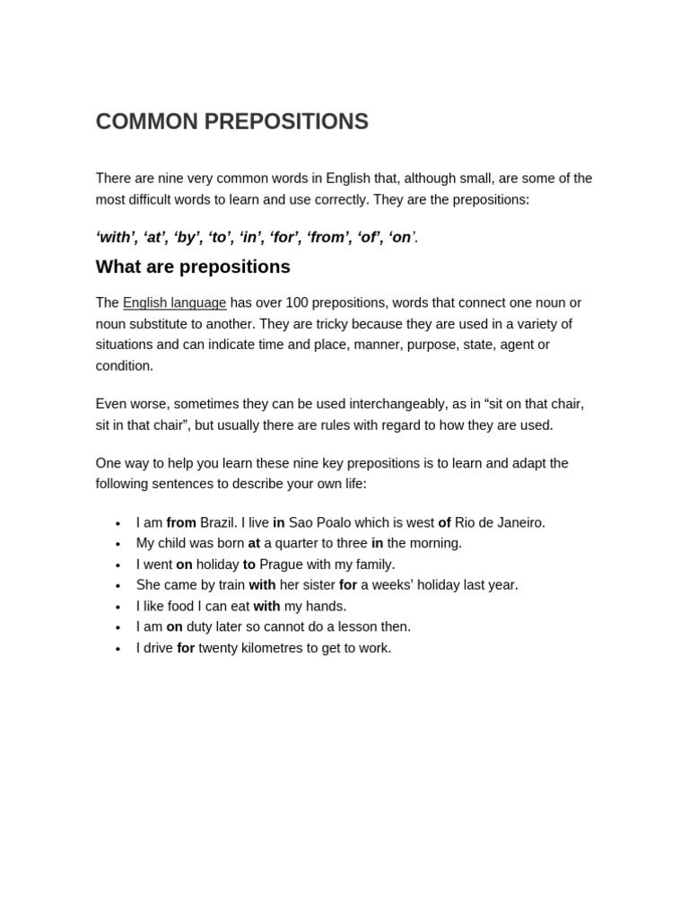 List of Prepositions | PDF