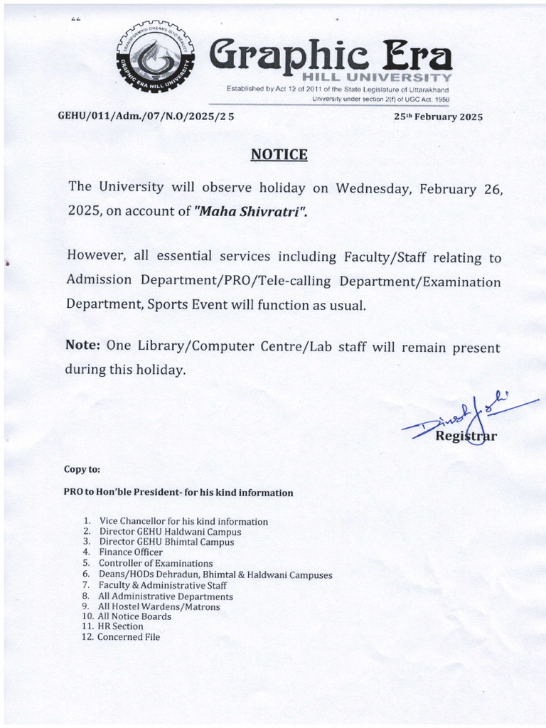 Notice - Holiday Shivratri | PDF