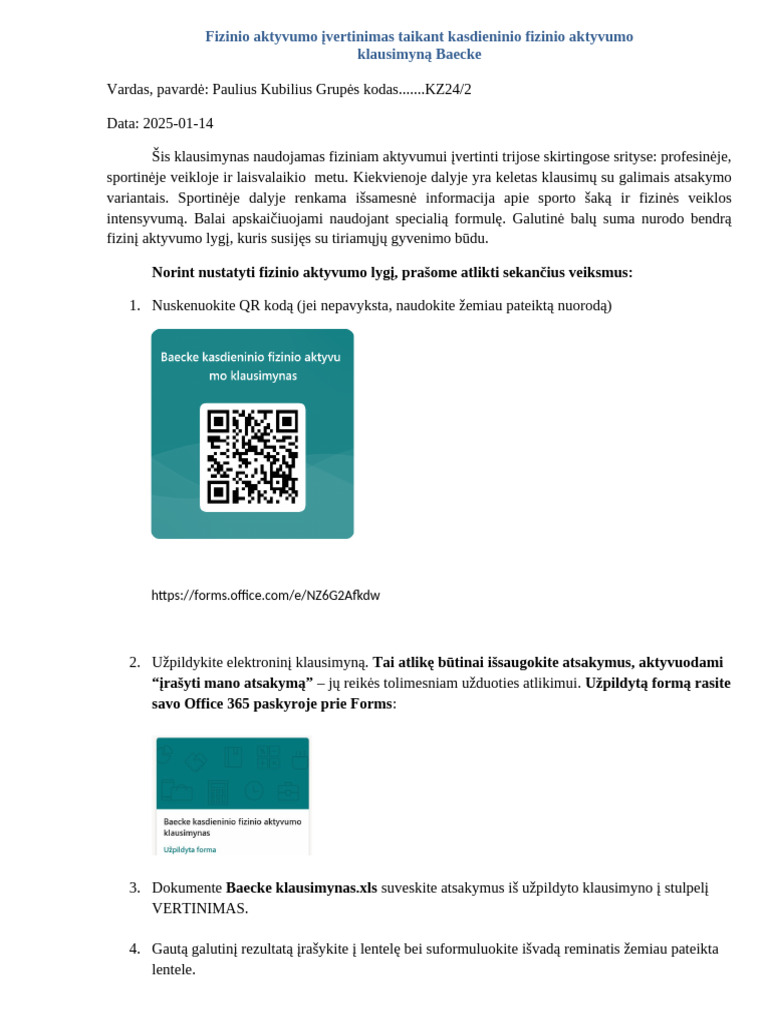 Baecke Klausimyno Pildymo Instrucija | PDF