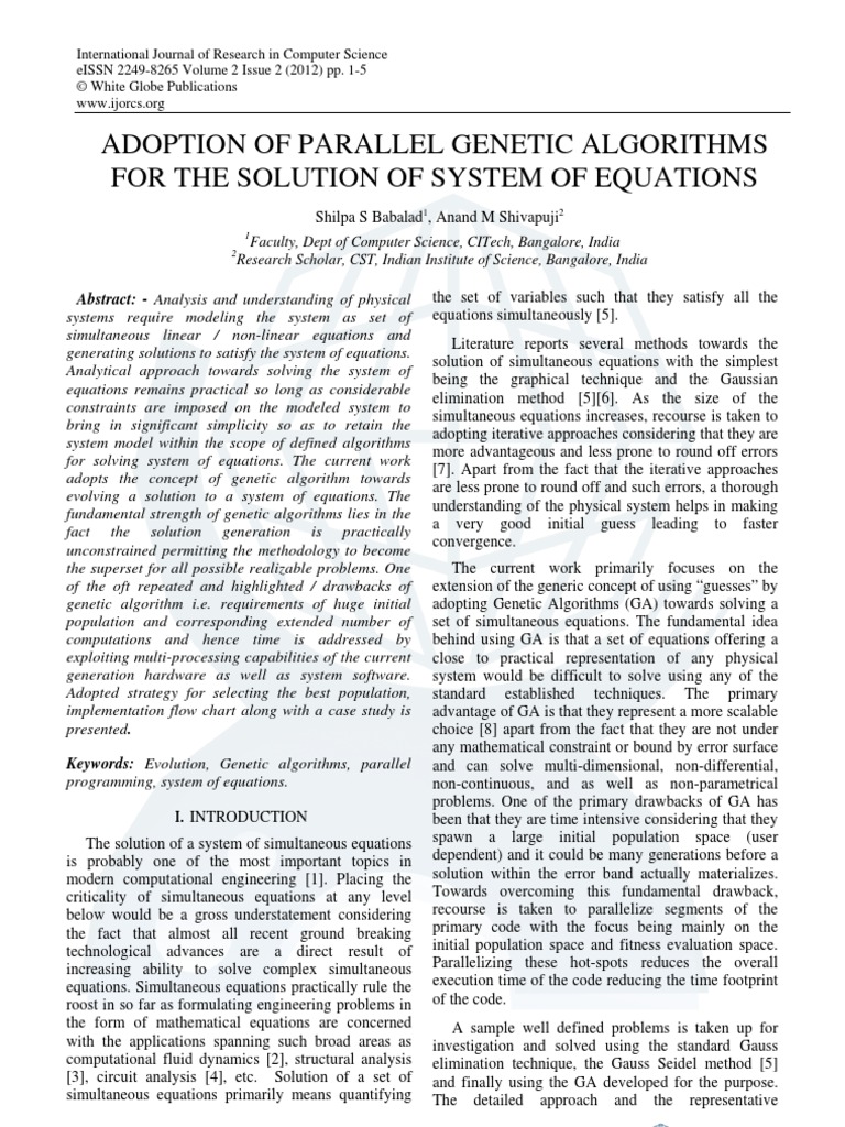 Adoption Of Parallel Genetic Algorithms For The Solution Of System Of Equations Pdf Genetic