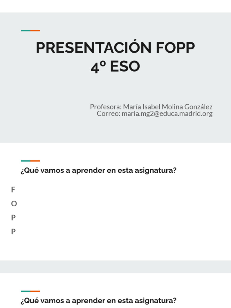 Presentación Asignatura FOPP 4º ESO | PDF | Aprendizaje | Sicología