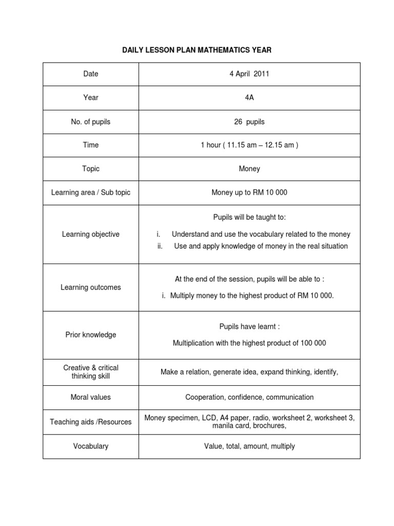 Daily Lesson Plan Money Y4 (Multiply) | PDF | Lesson Plan | Multiplication