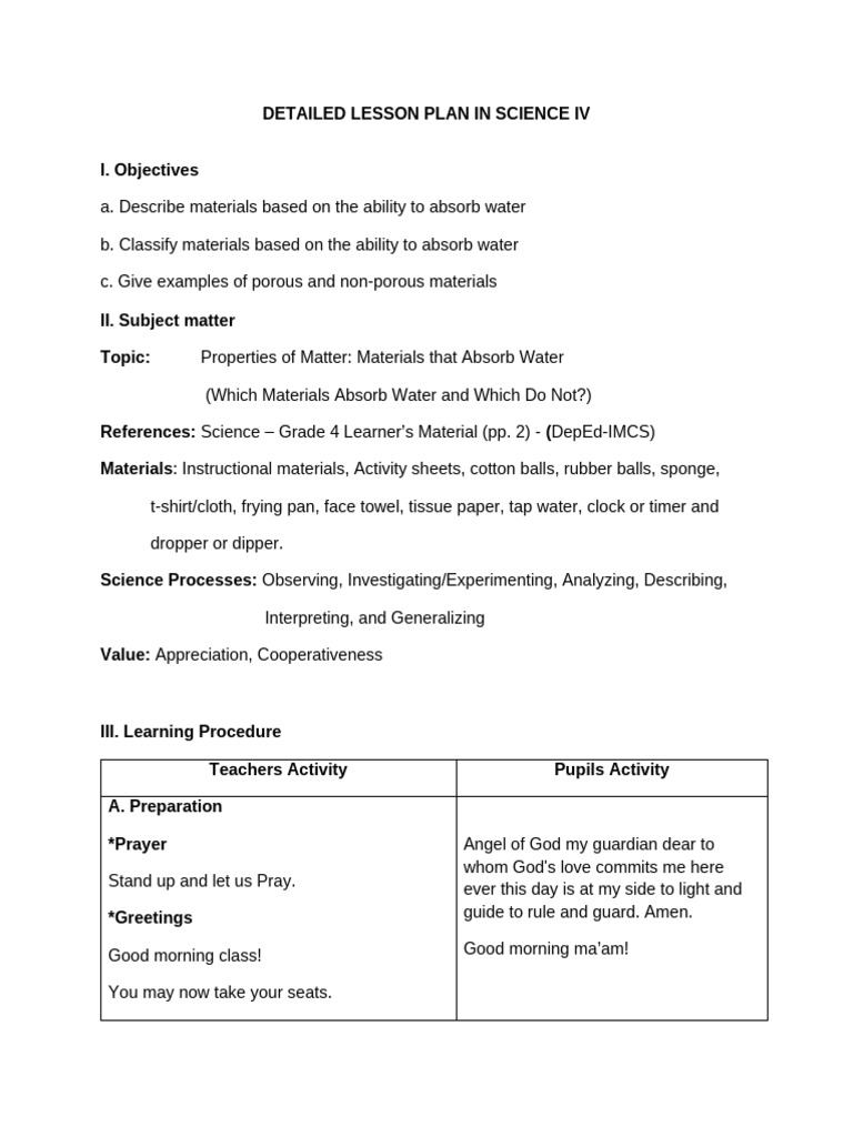 Lesson Plan: Water Absorption in Materials | PDF | Water | Lesson Plan