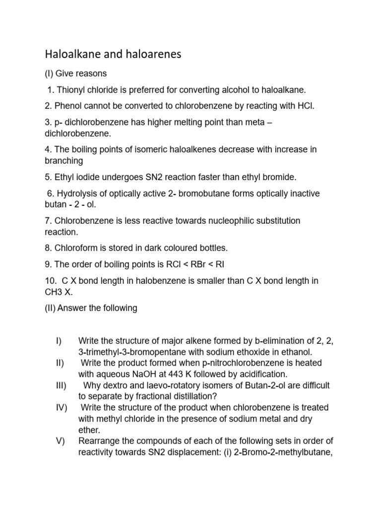 Haloalkane and Haloarenes Worksheet 202425 | PDF | Chemistry ...