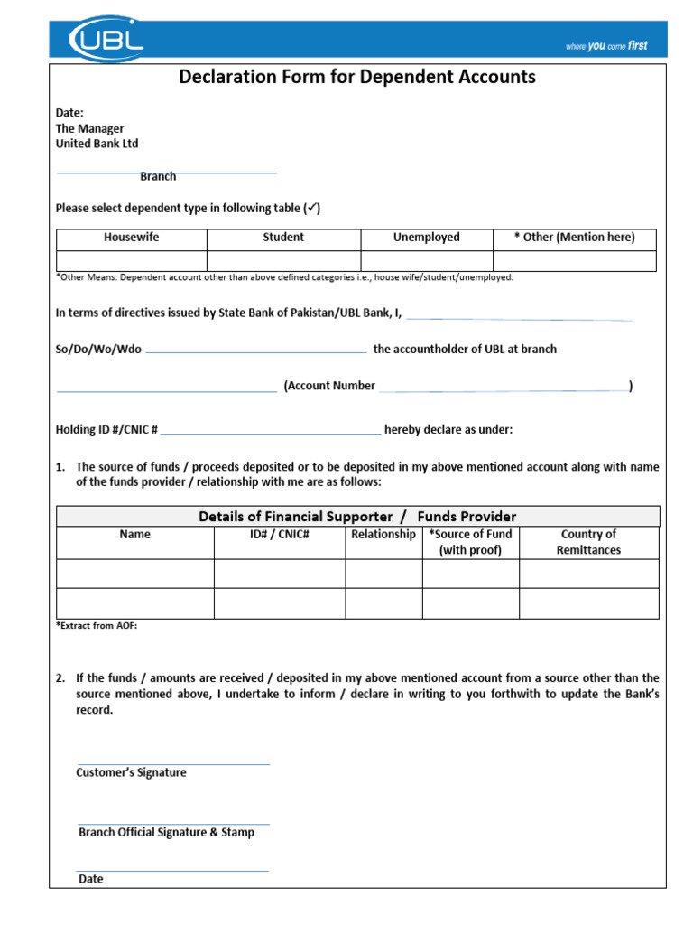 Declaration Form For Dependent Accounts B6 | PDF