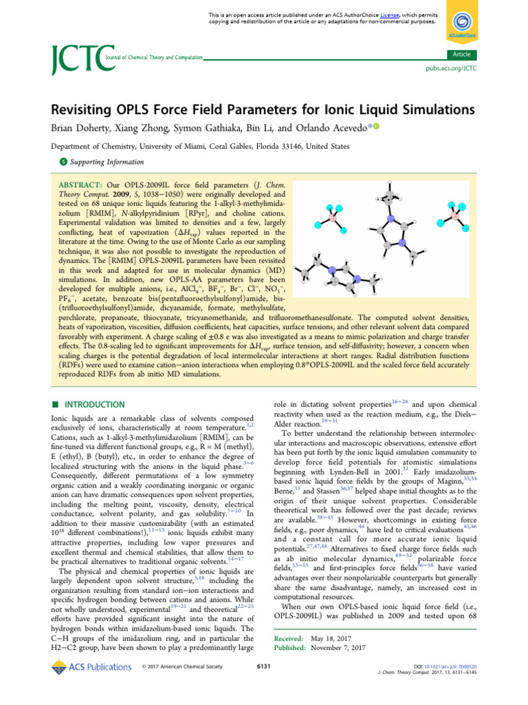 Revisiting OPLS Force Field for Ionic Liquids | PDF | Force Field (Chemistry) | Salt (Chemistry)