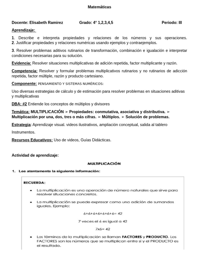 Matemáticas 3° Periodo: Multiplicación | PDF