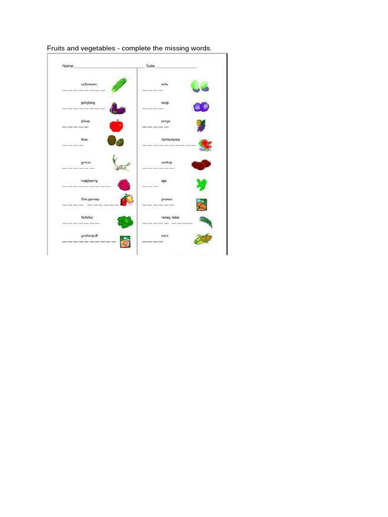 Fruits and vegetables - Class 2- complete the missing words, Miss Sol | PDF