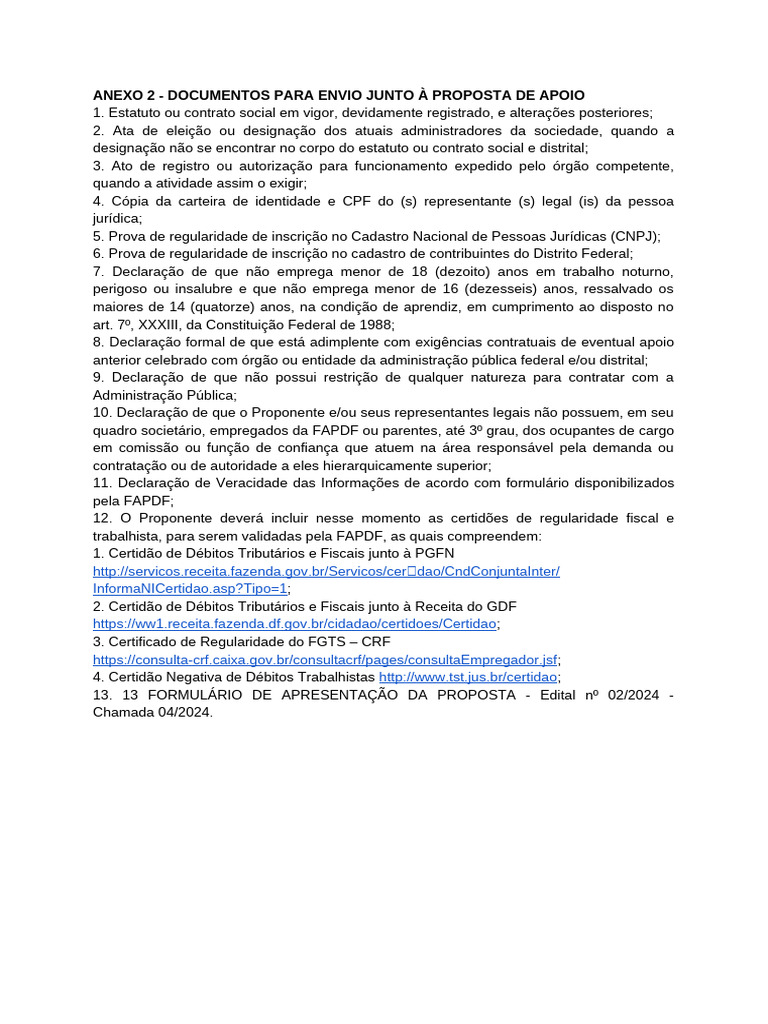 Minuta - ANEXO 2 - DOCUMENTOS PARA ENVIO JUNTO À PROPOSTA DE APOIO | PDF