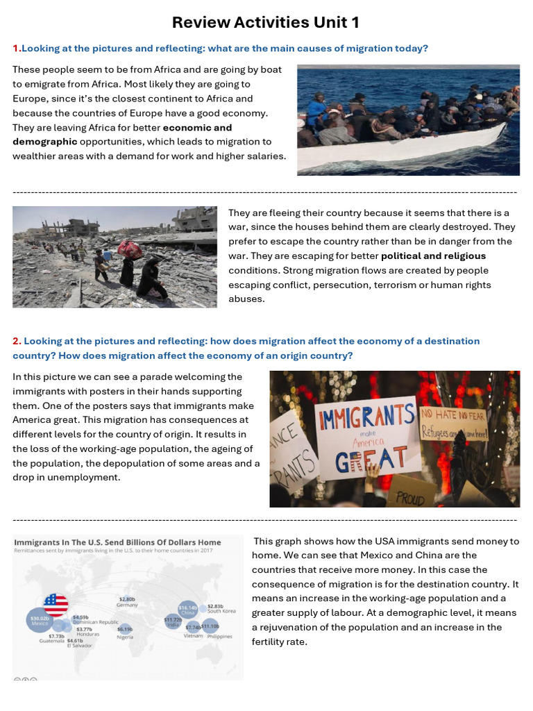 Review Activities Unit 2 Part 1 | PDF | Human Migration | Immigration