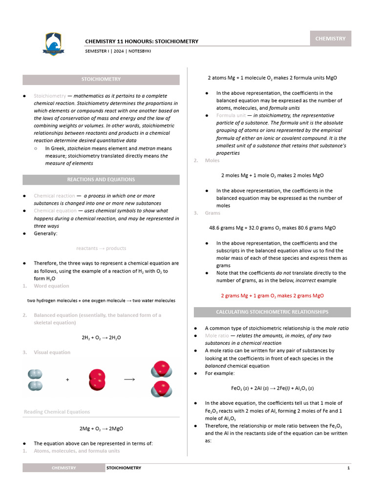 CHEMISTRY 11 HONOURS - STOICHIOMETRY Study Guide | PDF | Stoichiometry ...