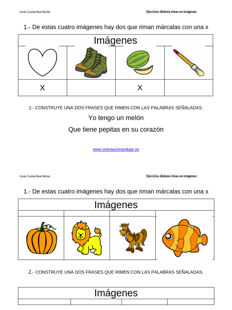 Actividades de Rimas para Alumnos Con Dislexia Plantilla | PDF