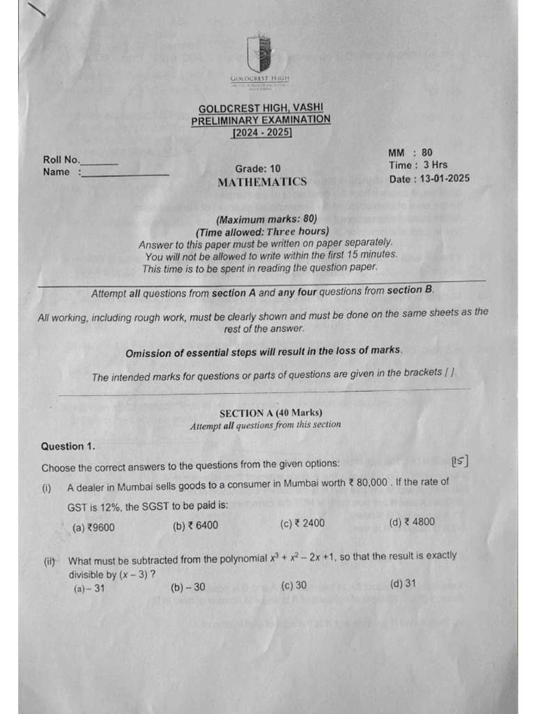 Gold Crest 1 2025 Q.P (Maths) | PDF