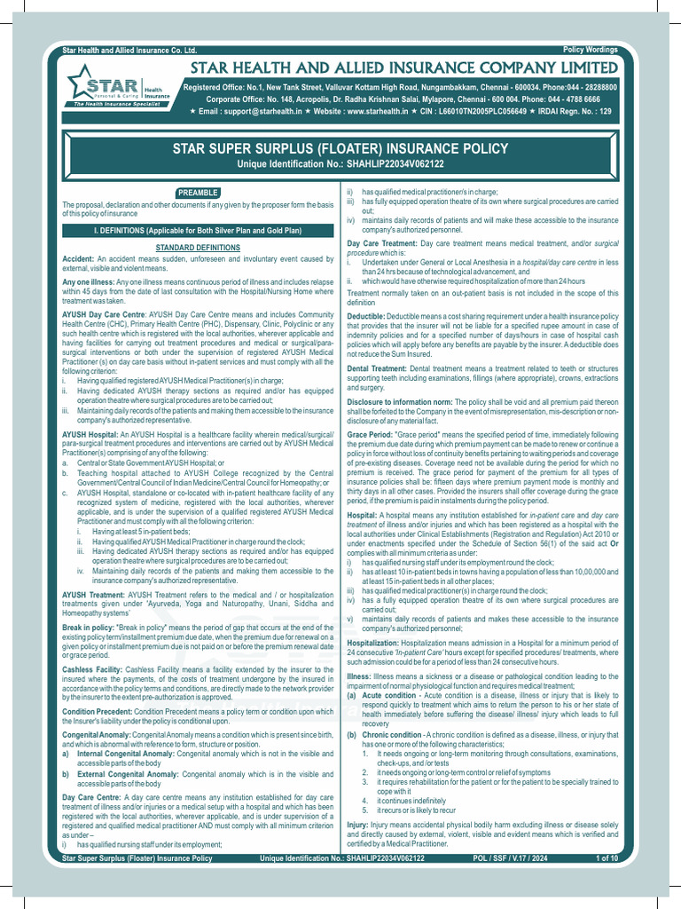 Policy - Star Super Surplus (Floater) Insurance Policy - V.17 | PDF ...