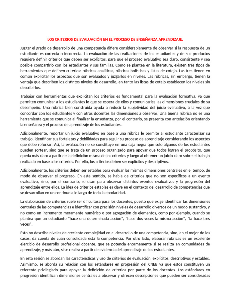 Los Criterios de Evaluacion en El Proceso de Enseñanza Aprendizaje | PDF | Evaluación | Rúbrica ...