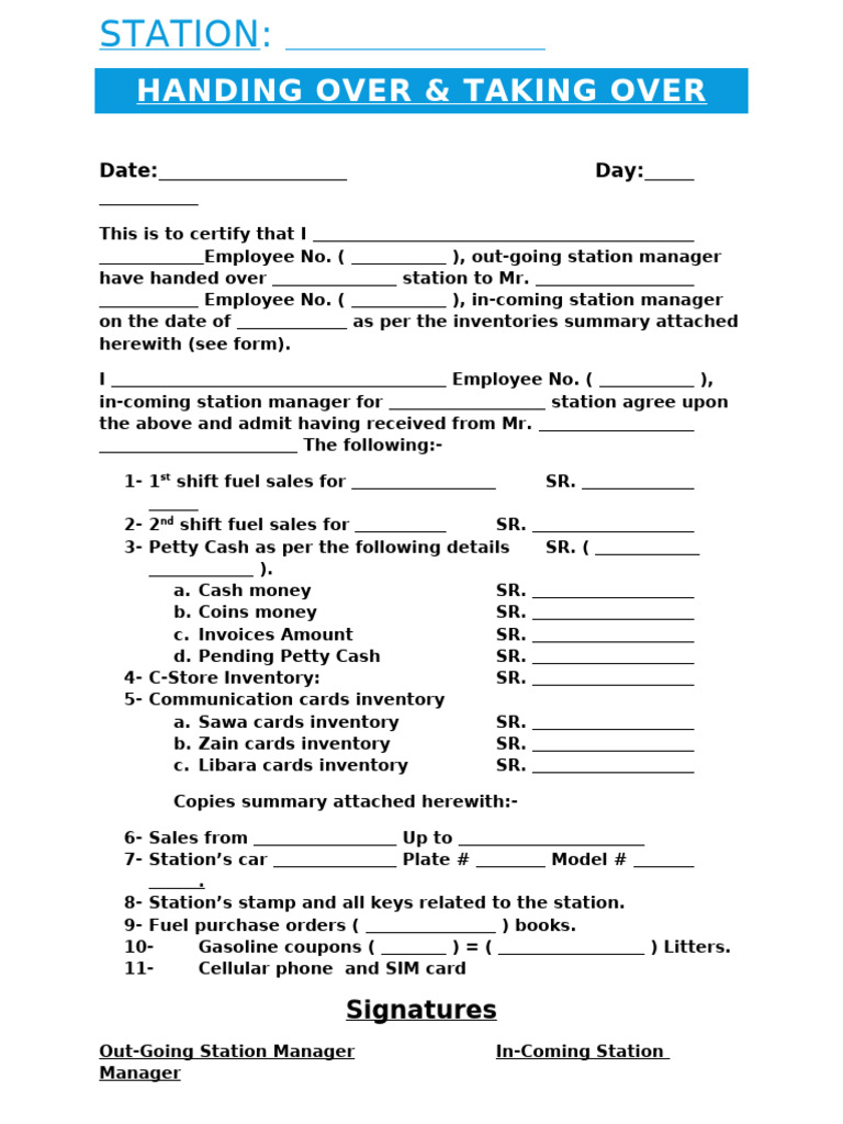 Station Manager Handover Form | PDF