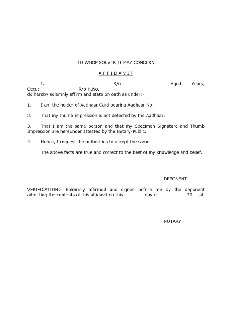 Thumb Impression Affidavit Format | PDF