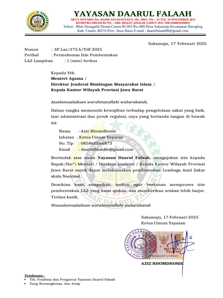 Permohonan Izin Pembentukan LAZ | PDF