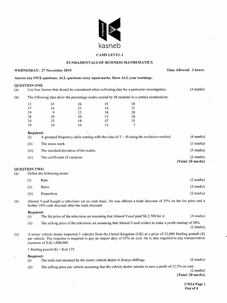 Fundamentals of Business Mathematics November 2019 Question Paper | PDF
