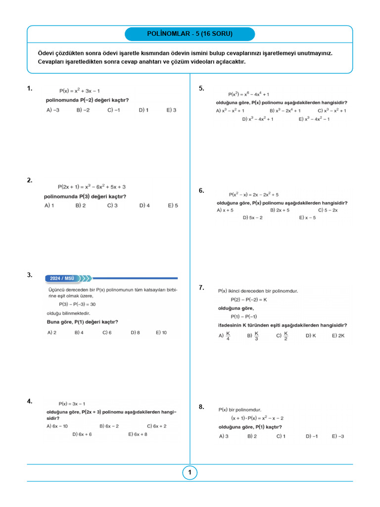 Polinomlar - 5 (16 Soru) | PDF