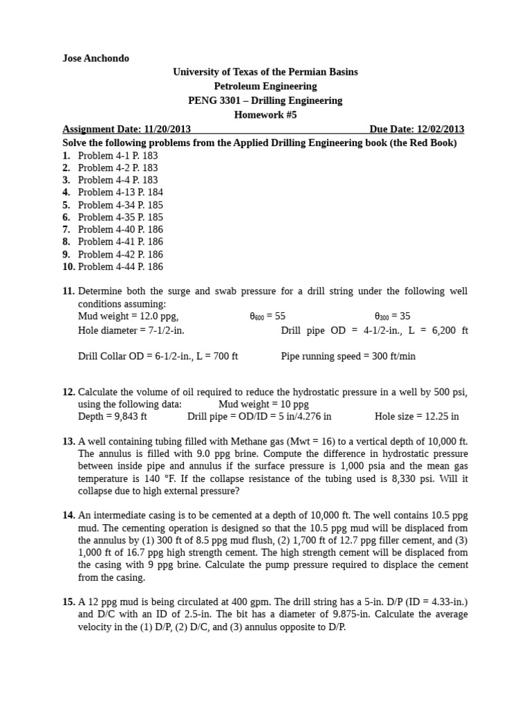 PENG 3301 HW 6 Ans | PDF | Fluid Dynamics | Casing (Borehole)