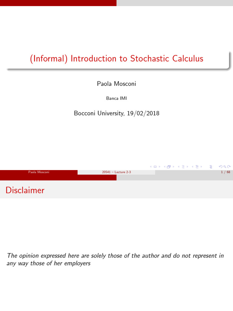 Intro to Stochastic Calculus Lecture | PDF | Stochastic Differential Equation | Stochastic Process