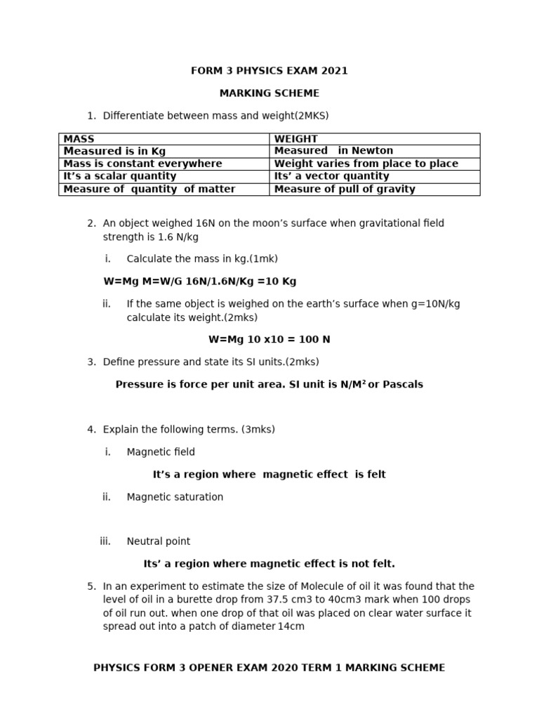 Set1 Physics Ms MidTerm 1 2021 Teacher - Co .Ke F3 Exam | PDF | Weight | Applied And ...
