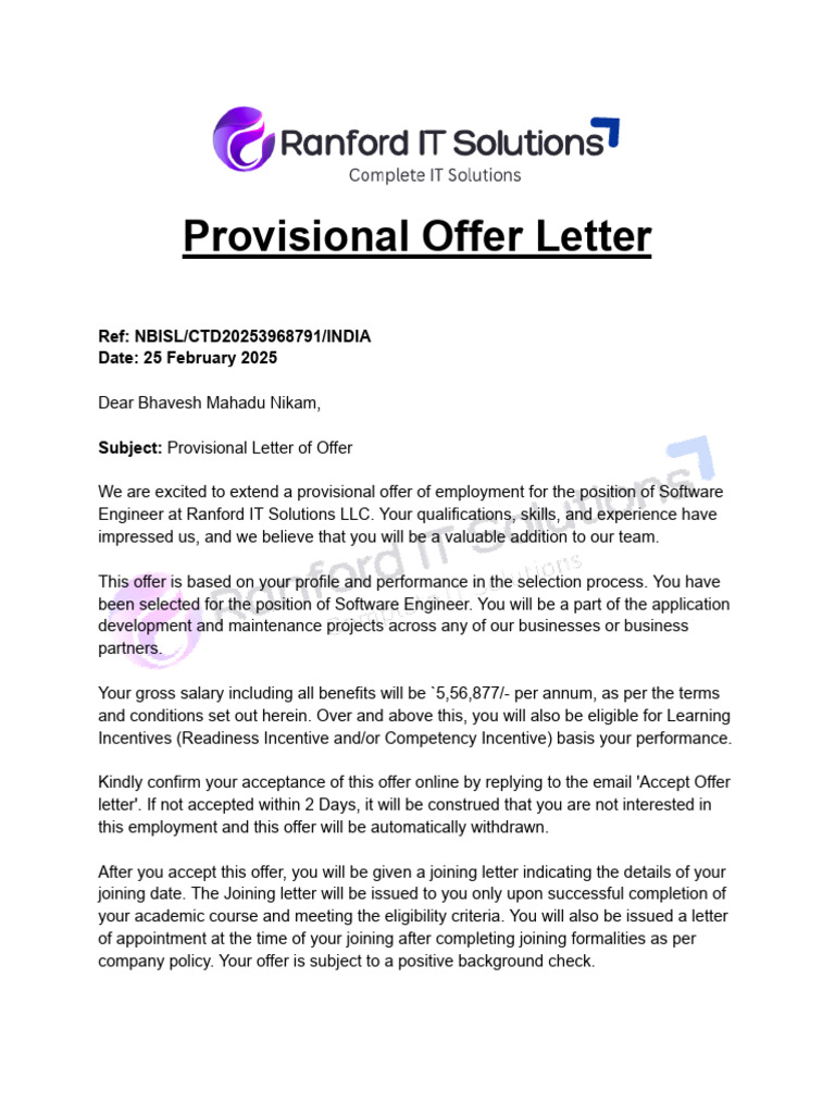Provisional Offer Letter for Software Engineer | PDF | Taxes | Business