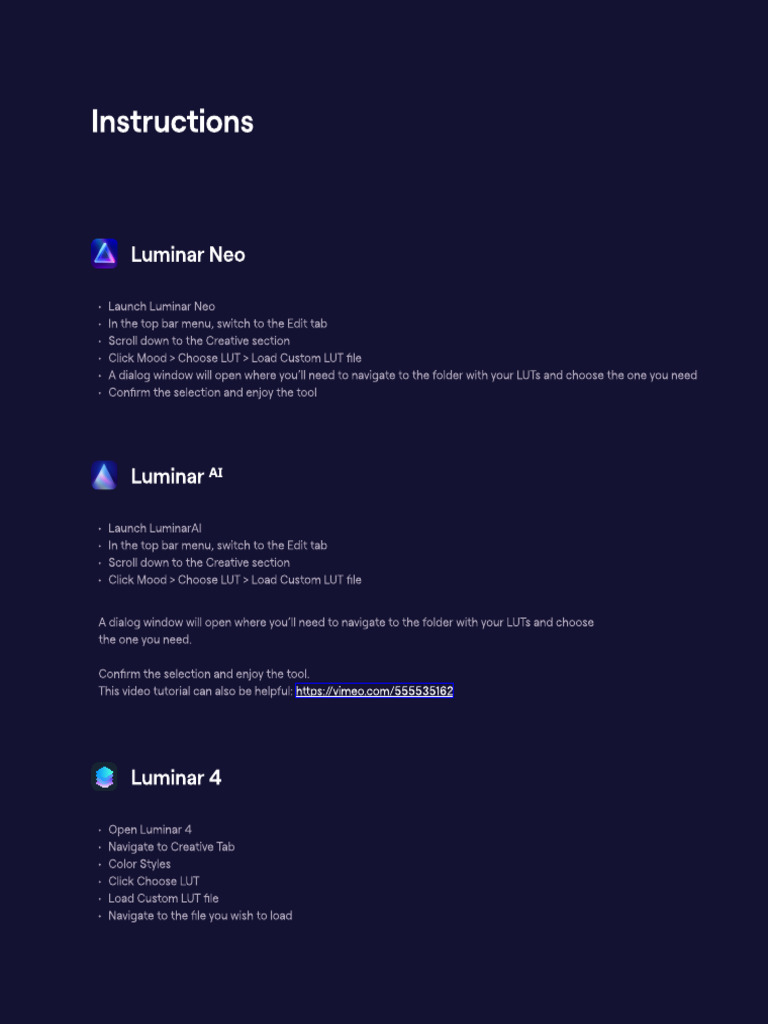 Load Custom LUTs in Luminar Apps | PDF