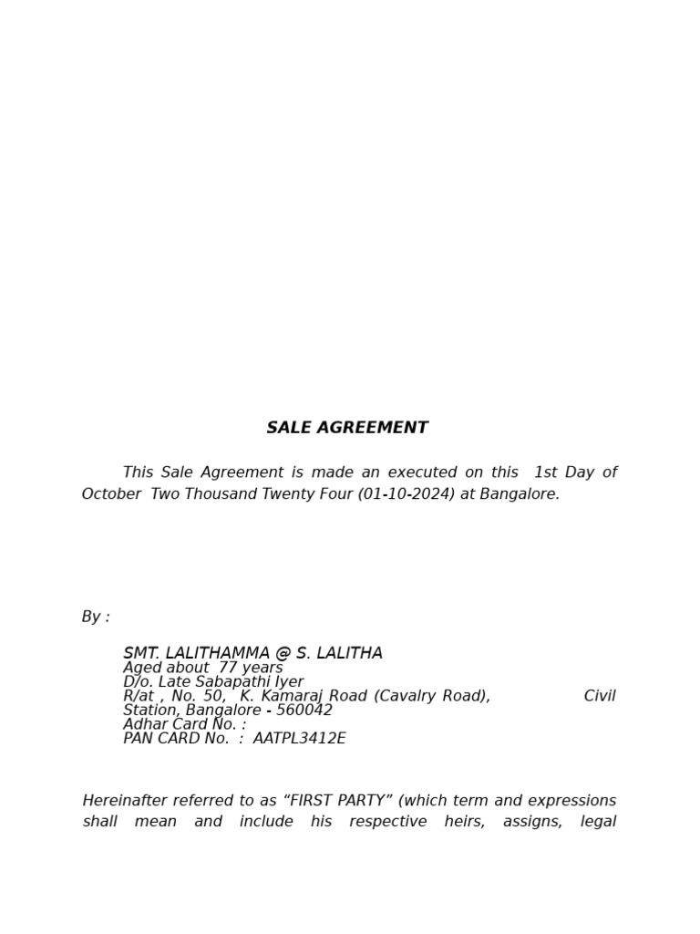 Sale Agreement for Property by Lalithamma | PDF | Deed | Mortgage Law