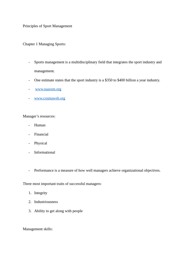 Principles of Sports Management Overview | PDF | Leadership | Motivation
