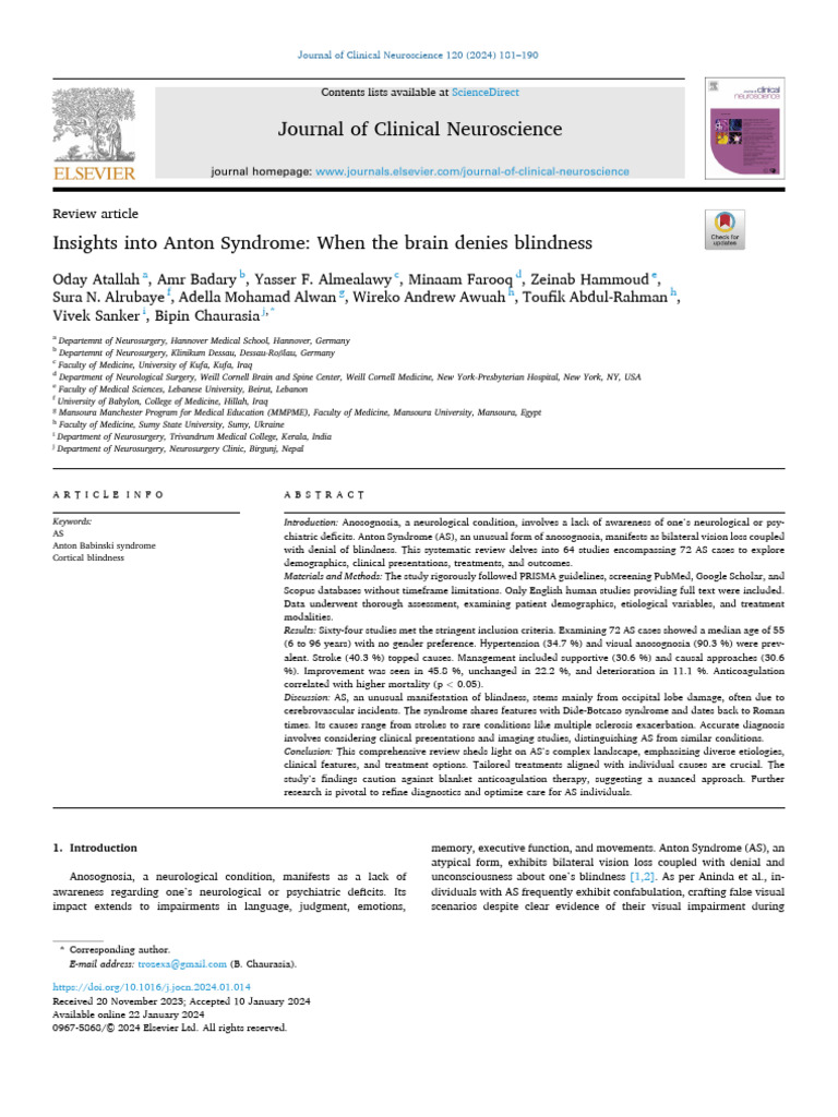 Oday Atallah Insights Into Anton Syndrome When The | PDF | Neurosurgery | Neurology
