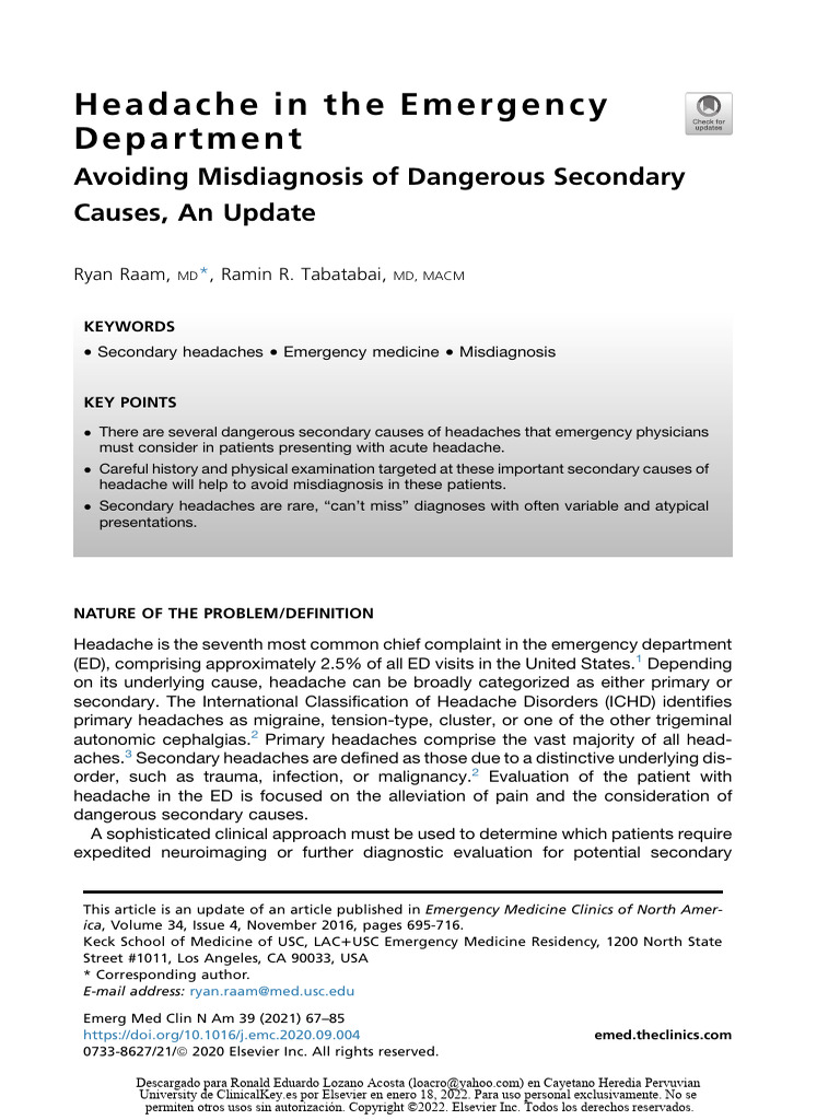 Headache in The Emergency Department | PDF | Headache | Stroke