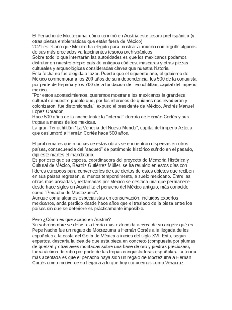 El Penacho de Moctezuma en Austria: Historia | PDF | México | Hernán Cortés