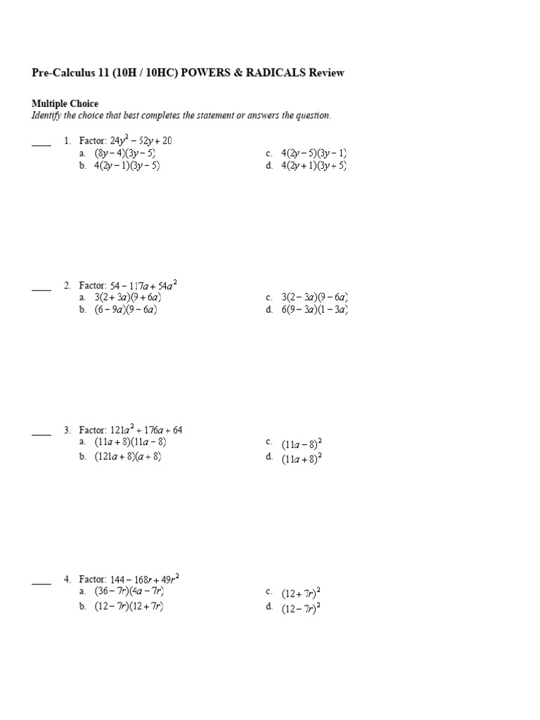 Pre-Calculus 11 Powers & Radicals Review | PDF | Factorization ...