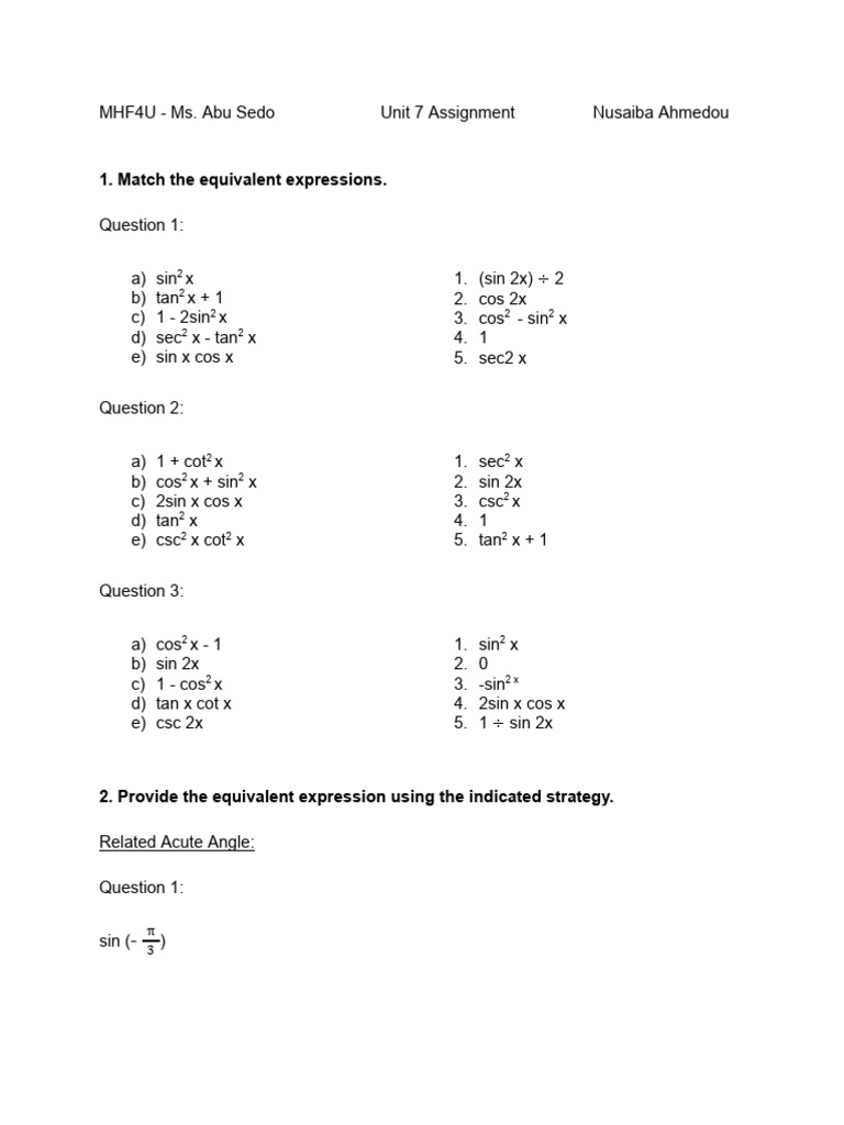 Math Unit 7 Test Assignment | PDF | Trigonometric Functions ...