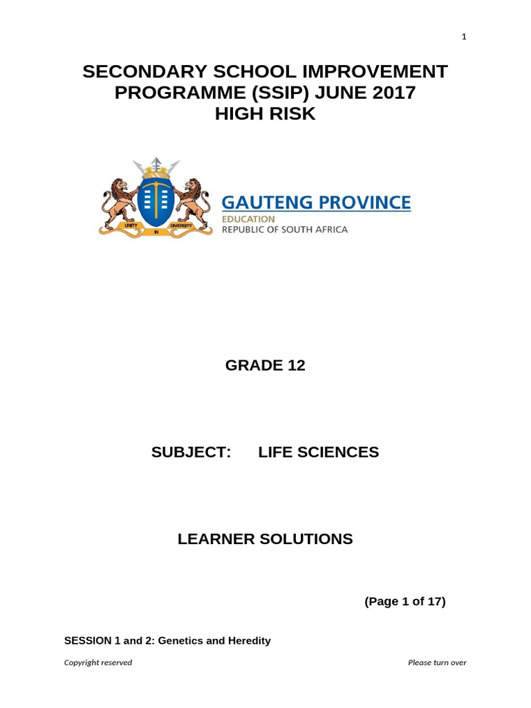 Ssip 2017 Life Sciences Learner Solution High Risk June | PDF | Dominance (Genetics) | Central ...