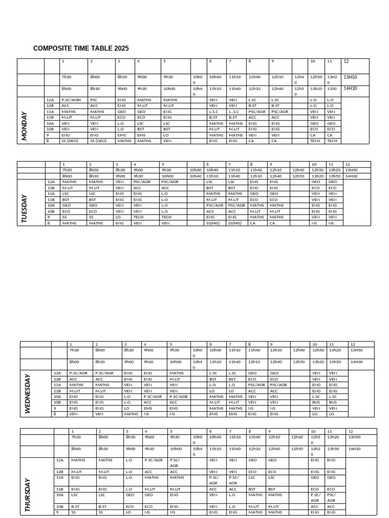 Composite Time Table 2025 01 | PDF