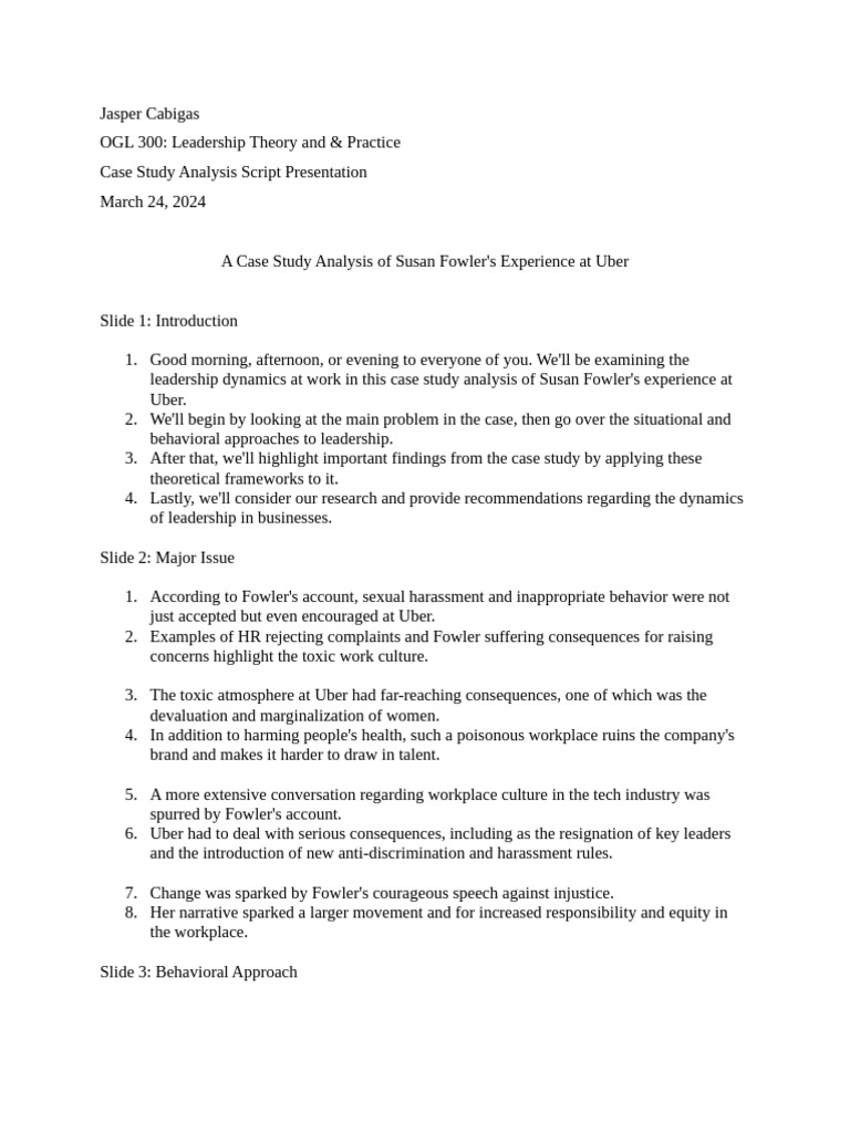 Susan Fowler's Uber Leadership Case Study | PDF | Leadership | Harassment