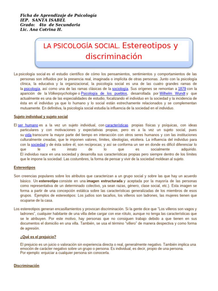 La Psicologia Social - Estereotipos y Discriminación | PDF | Sicología | Psicología Social
