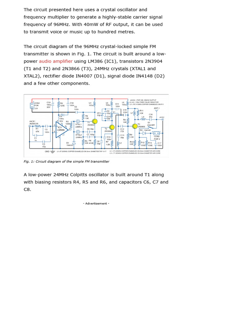 96MHz Crystal FM Transmitter Circuit | PDF | Amplifier | Inductor