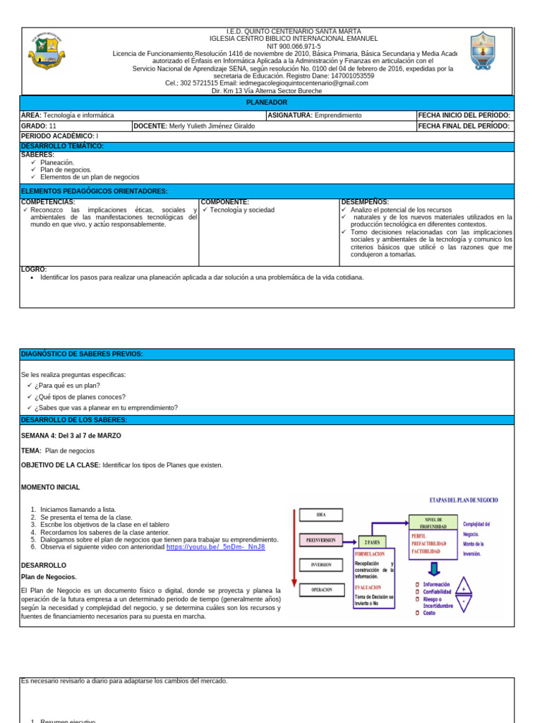 11°planeación em - M - J - G Sem 4 | PDF | Plan de negocios | Iniciativa empresarial