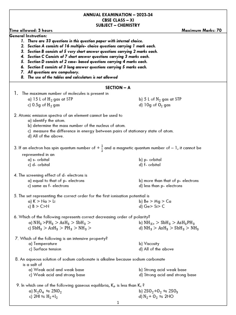 Class Xi - Chemistry - Annual - QP | PDF | Chemical Polarity | Atomic Orbital