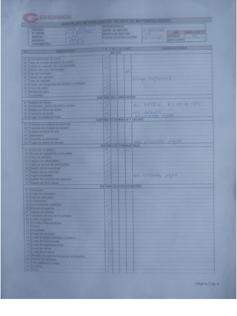 Checklist Motoniveladora MOA-001 - 2025 - 02 - 02 | PDF