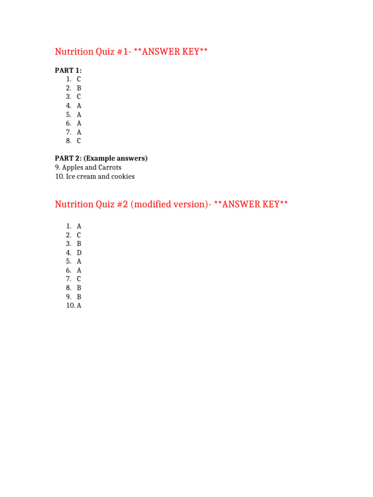 Nutrition Quiz Answer Key Guide | PDF